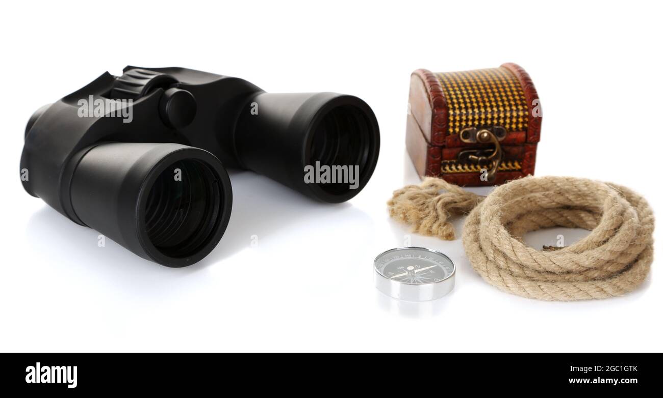 Black modern binoculars with rope and compass isolated on white Stock ...