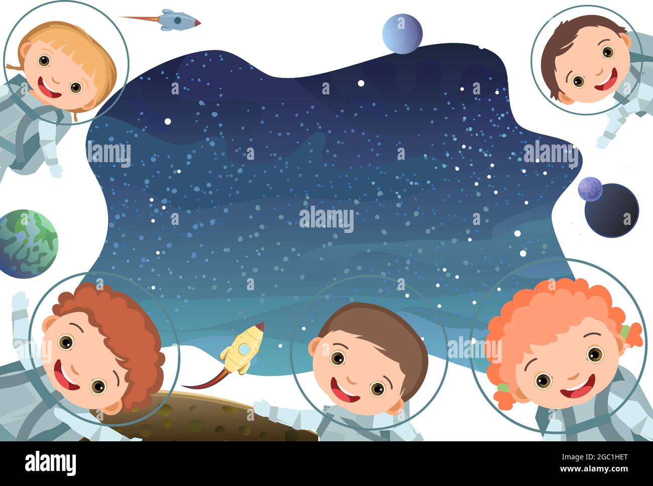 Astronauts kids in spacesuits. Frame. Cosmos background. Planets ...