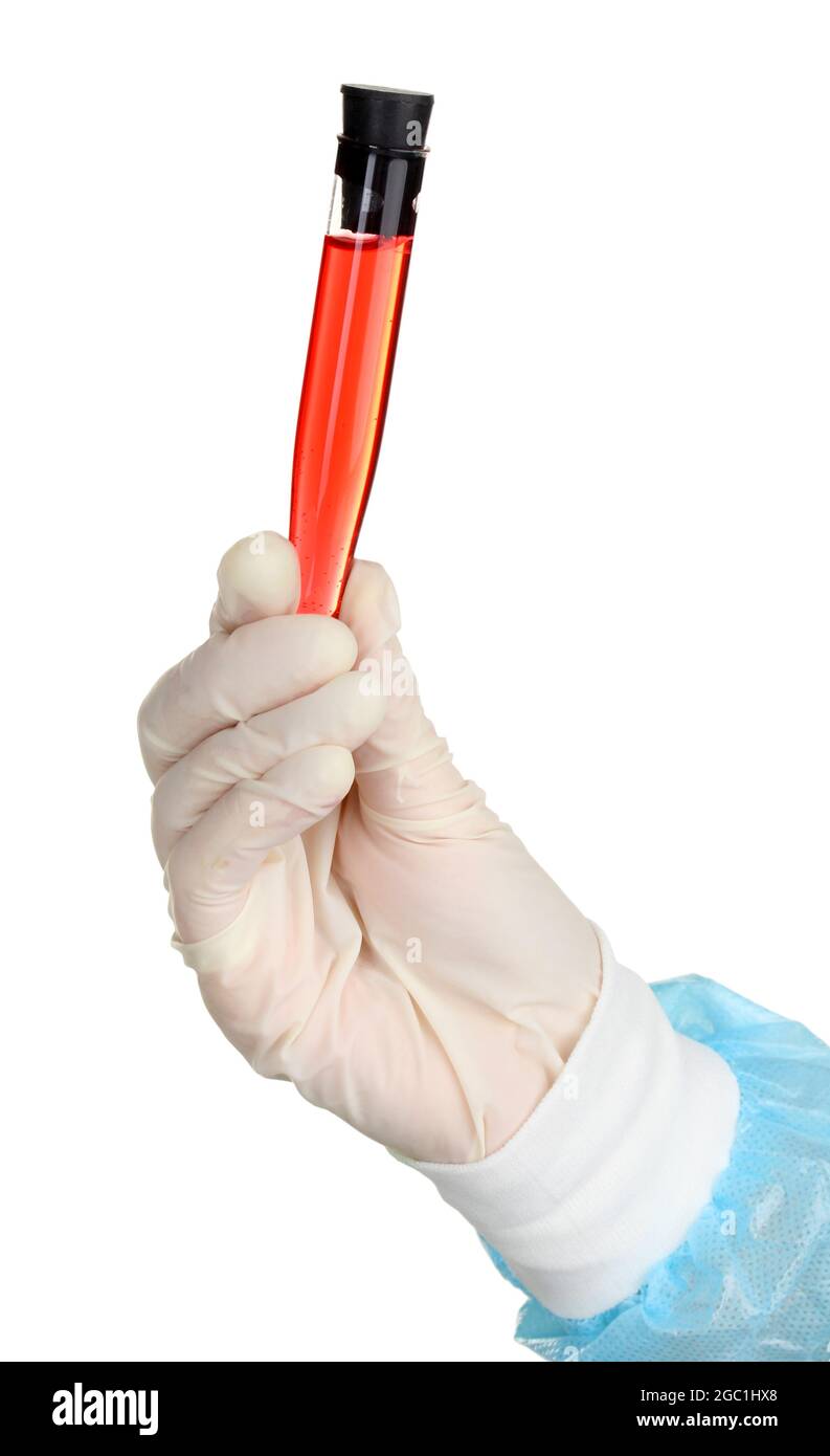 Glass tube with fluid in scientist hand during medical test isolated on ...