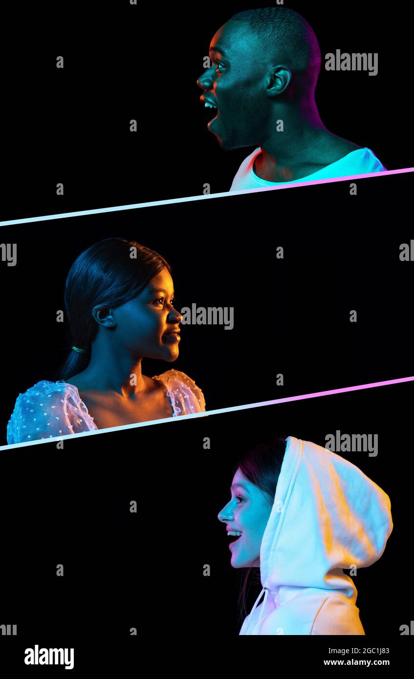 Side view portraits of three smiling, happy, positive people isolated ...