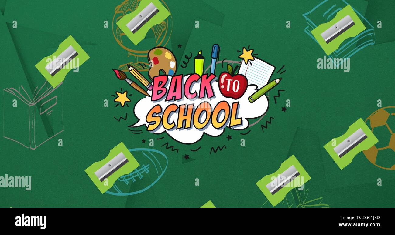 Image of back to school text over school icons Stock Photo - Alamy