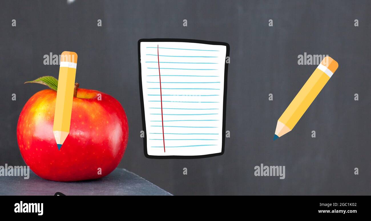 Image of school items icons over apple and blackboard Stock Photo - Alamy