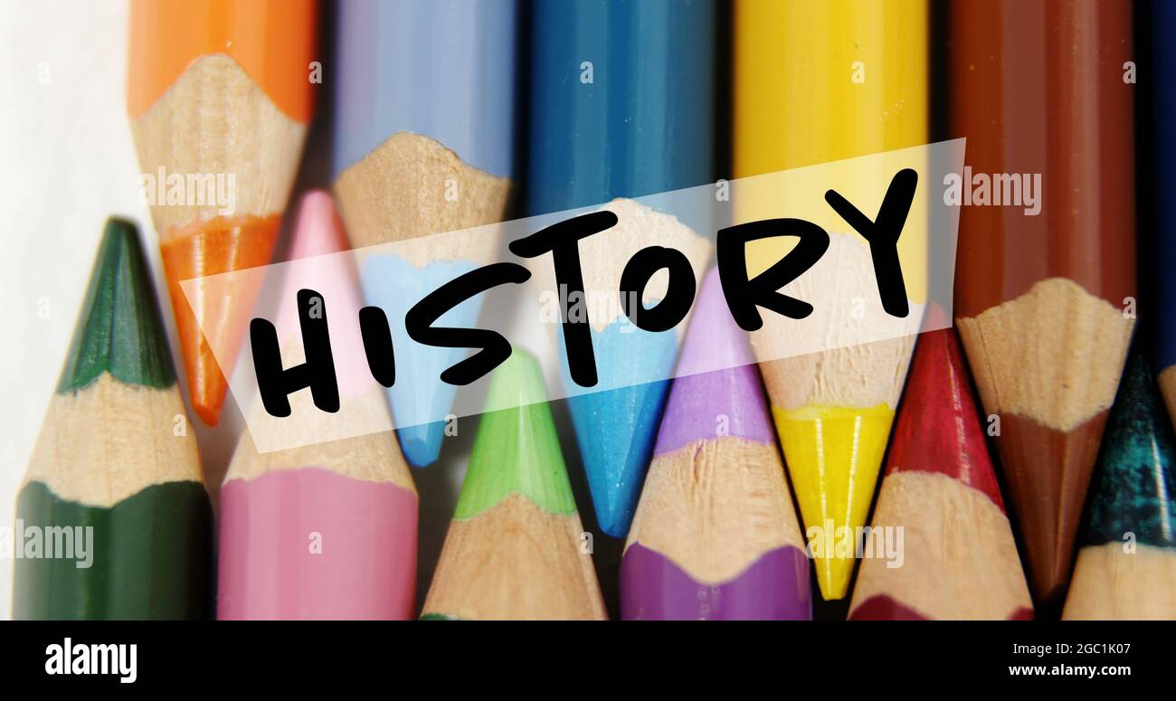 Image of history text over crayons on white background Stock Photo - Alamy