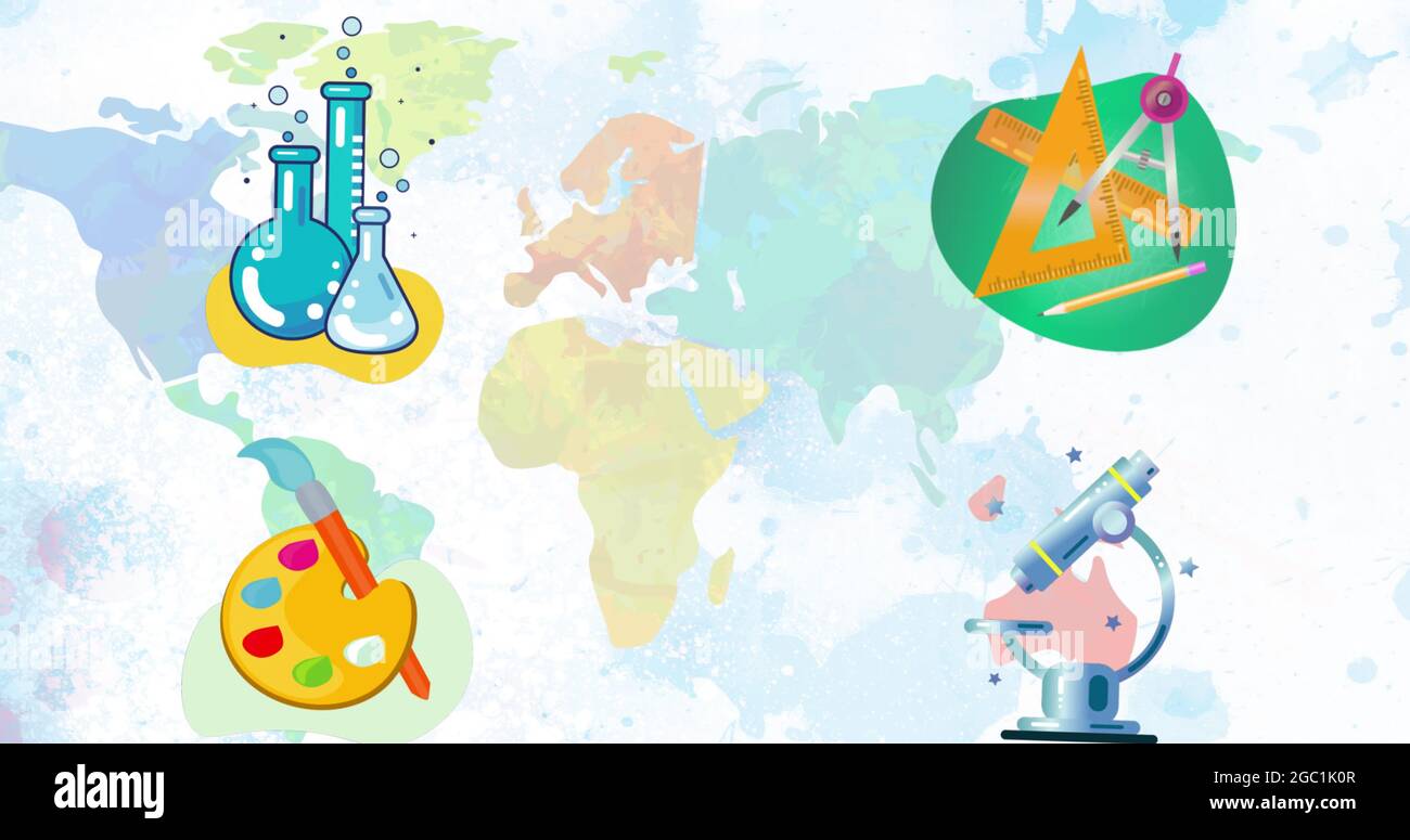 Image of school icons over world map Stock Photo - Alamy