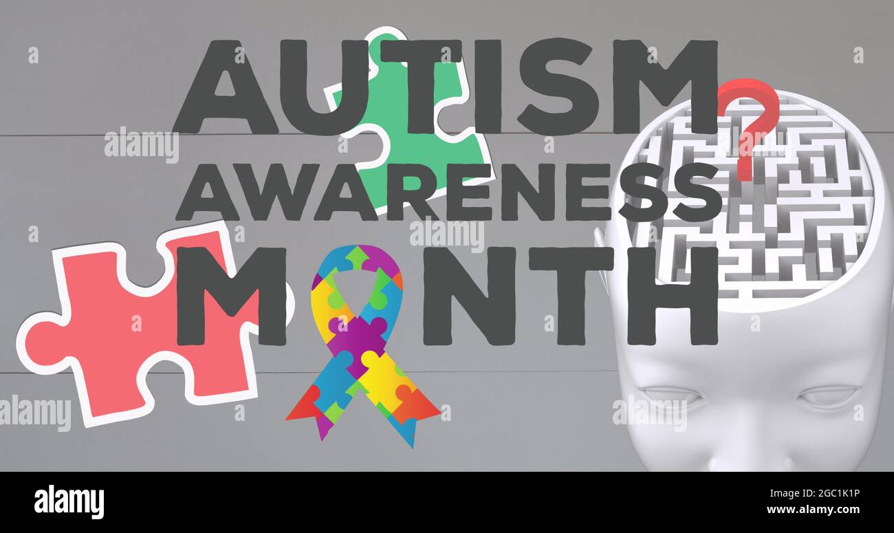 Image of autism awareness month text and ribbon formed with puzzles on ...