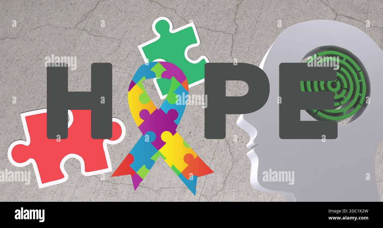 Image of hope text over puzzles forming ribbon on grey background Stock ...