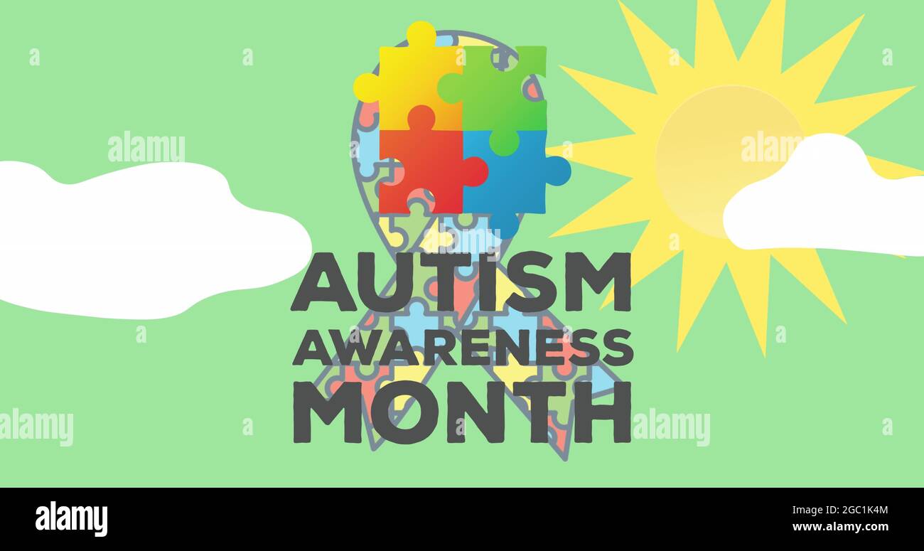 Image of autism awareness month text with puzzles forming ribbon on ...