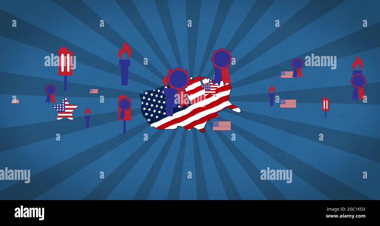 Image of icons and usa map coloured in american flag over blue ...