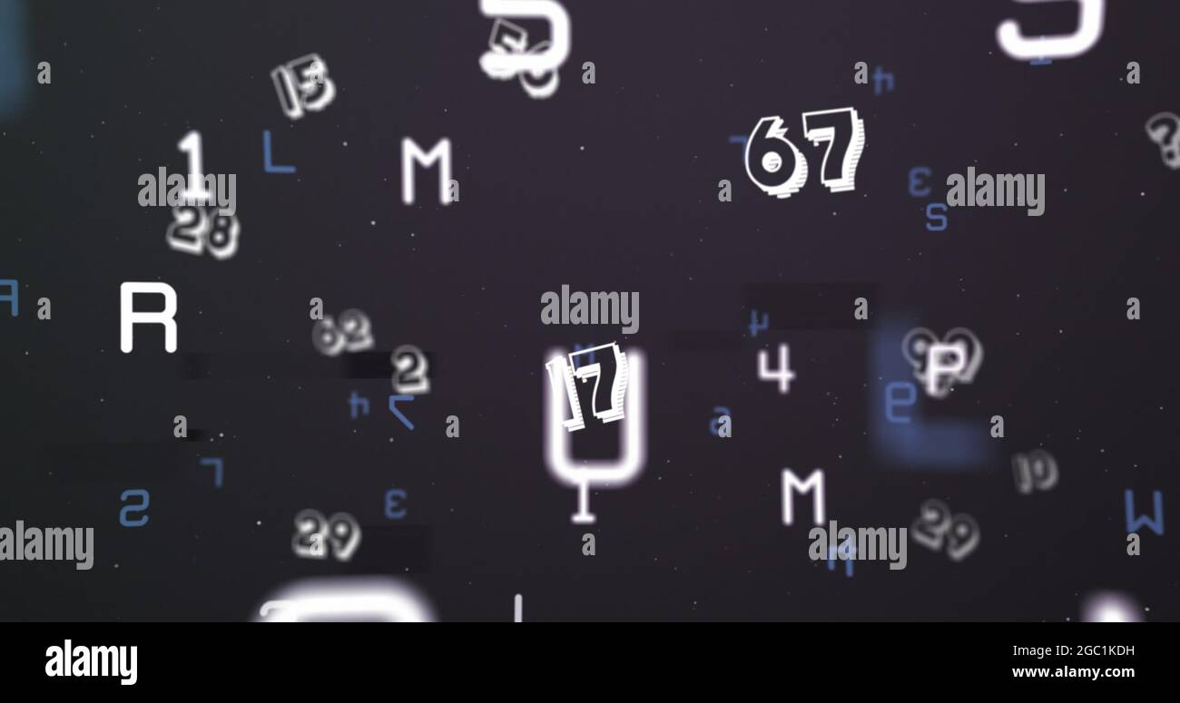 Digital image of multiple changing numbers and alphabets against black ...