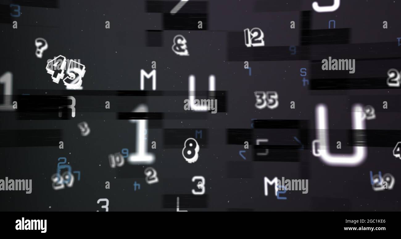 Digital image of multiple changing numbers and alphabets against black ...
