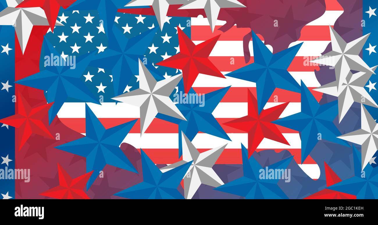 Image of stars usa map coloured in american flag over purple background ...