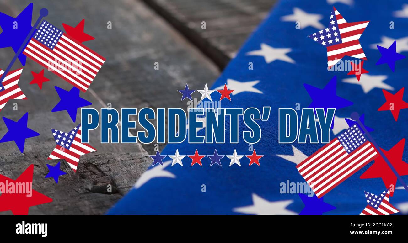Image of happy presidents' day text with american flags, stars and ...
