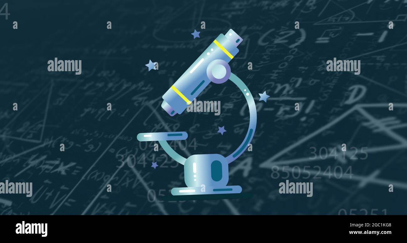 Image of microscope over mathematical equations on blue background ...