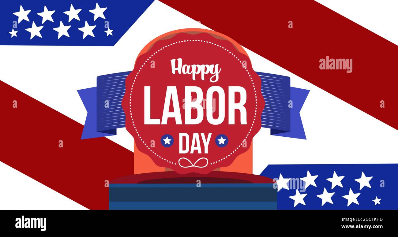 Image of happy labour day text and siren light over red, white and blue ...