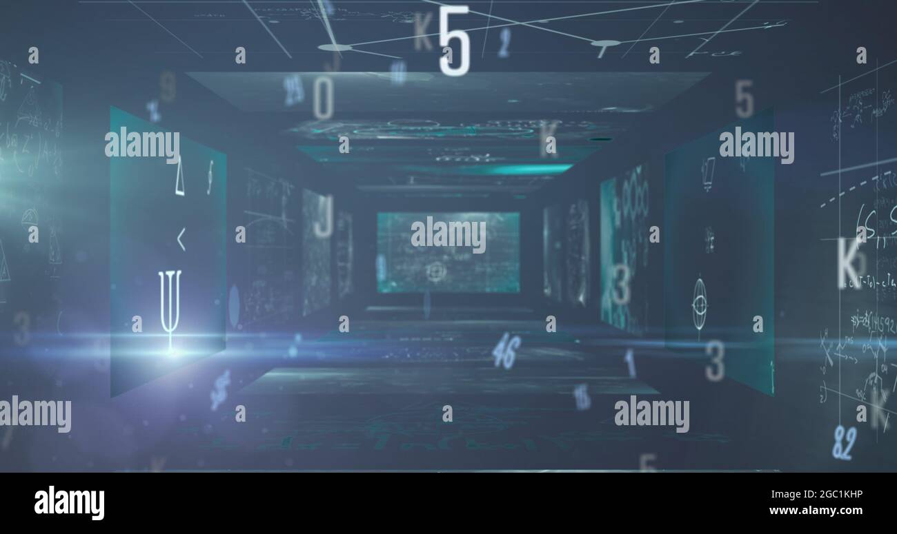 Multiple changing numbers and alphabets floating against mathematical ...