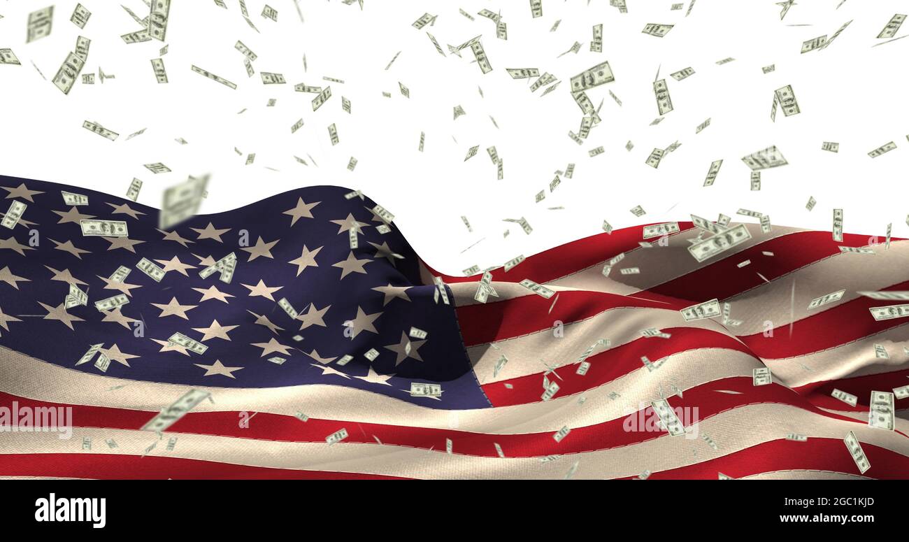 Image of american dollar bills falling over american flag Stock Photo ...