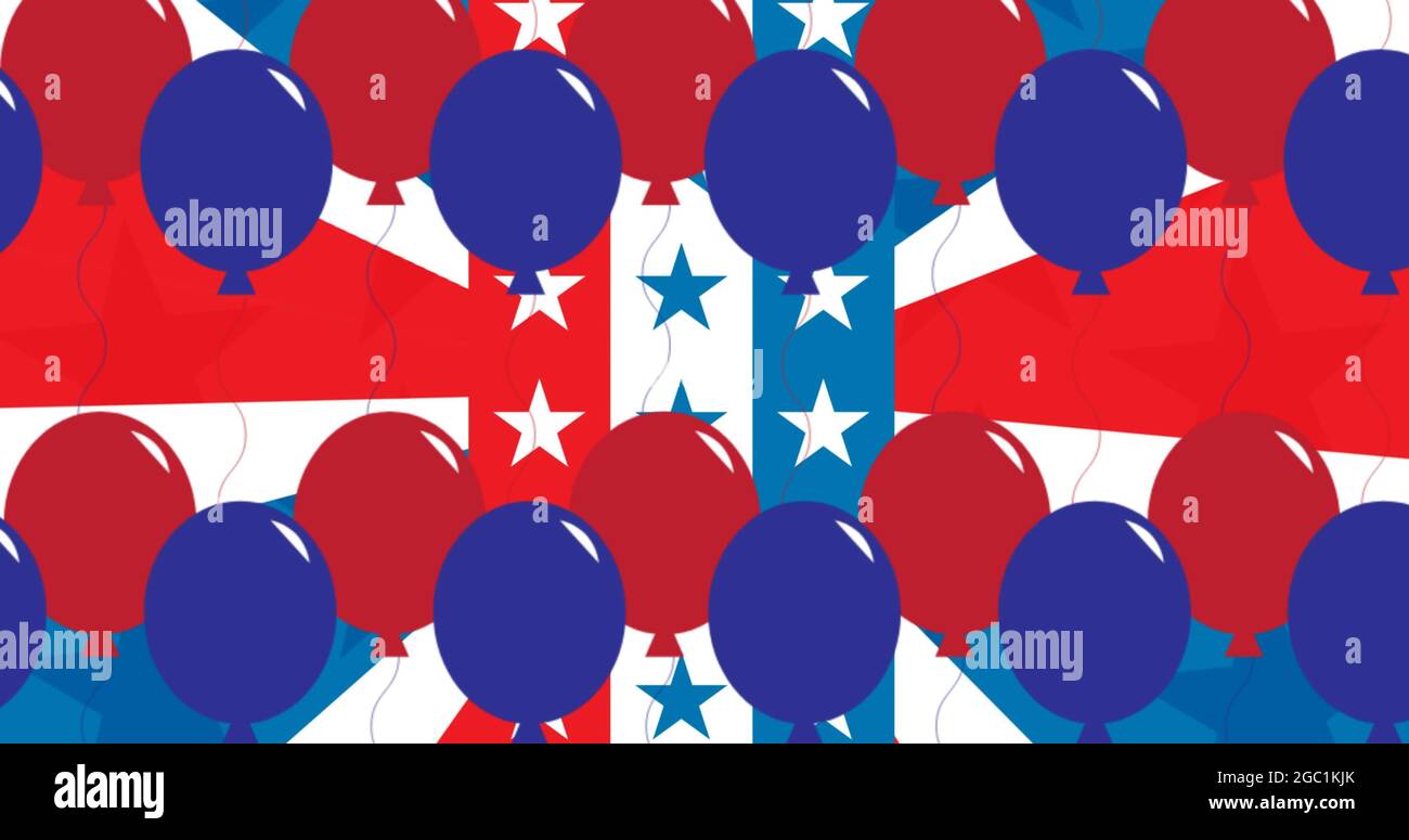 Image of red and blue balloons over american flag Stock Photo - Alamy