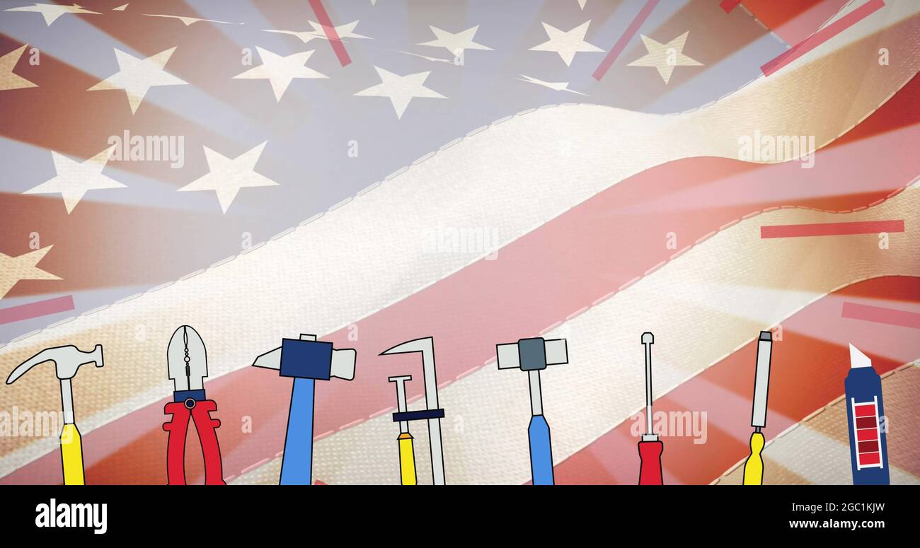 Image of labor day text, with stars and stripe stars and tools, over ...