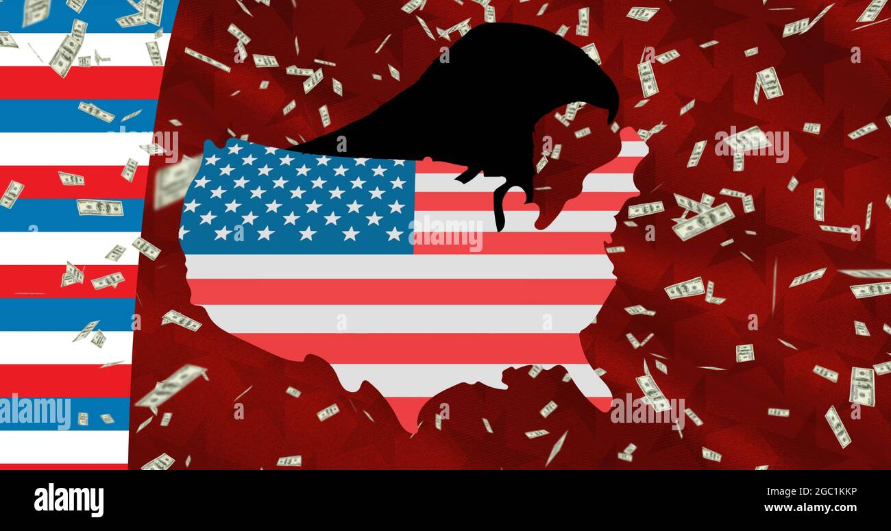 Image of usa map coloured in american flag over banknotes on stars and ...