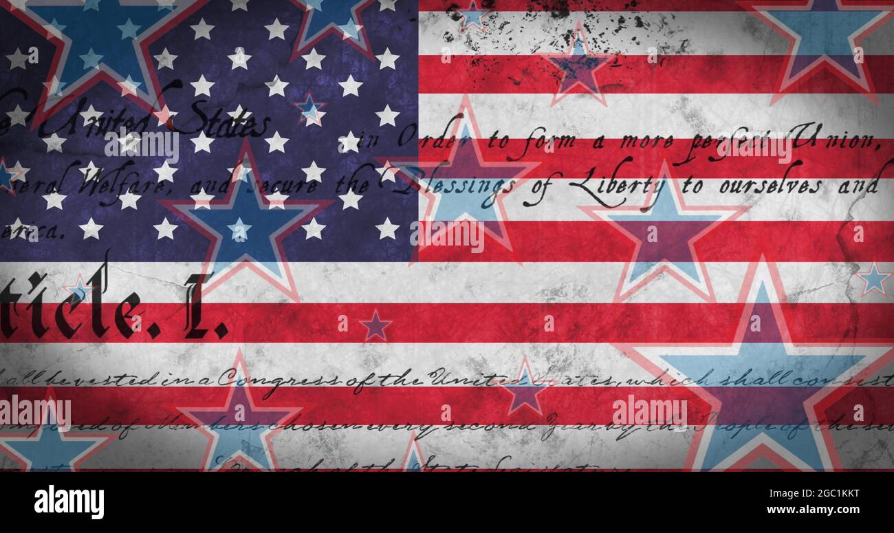 Image of american constitution text, with red, white and blue stars ...