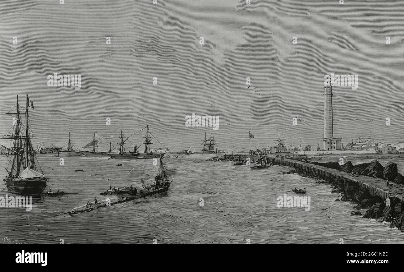 Egypt Suez Canal View Of The Entrance To Port Said On The Mediterranean Shore Drawing By A