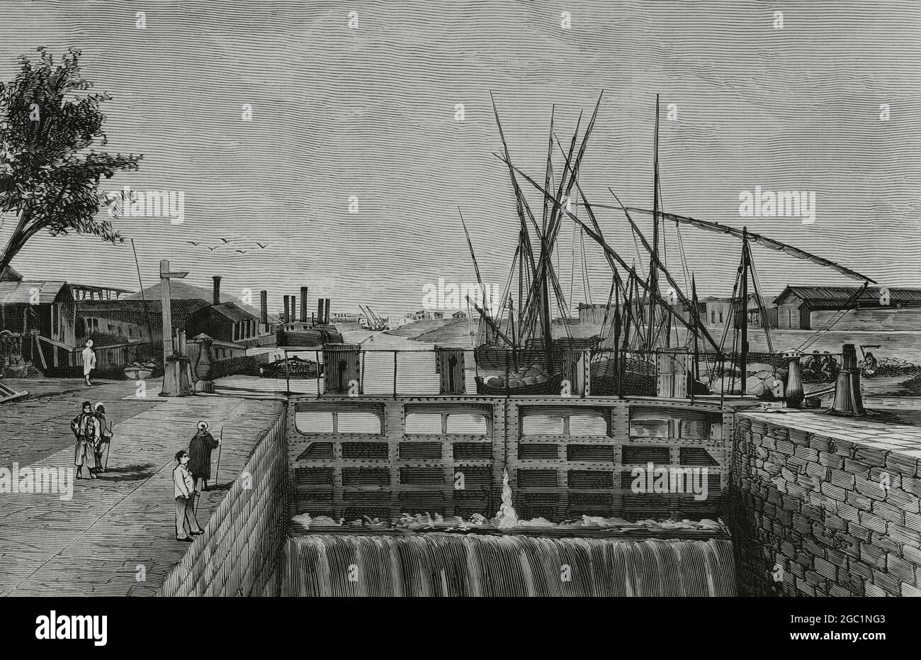 Egypt, Suez Canal. Ismailia. Freshwater canal lock, near the railway ...