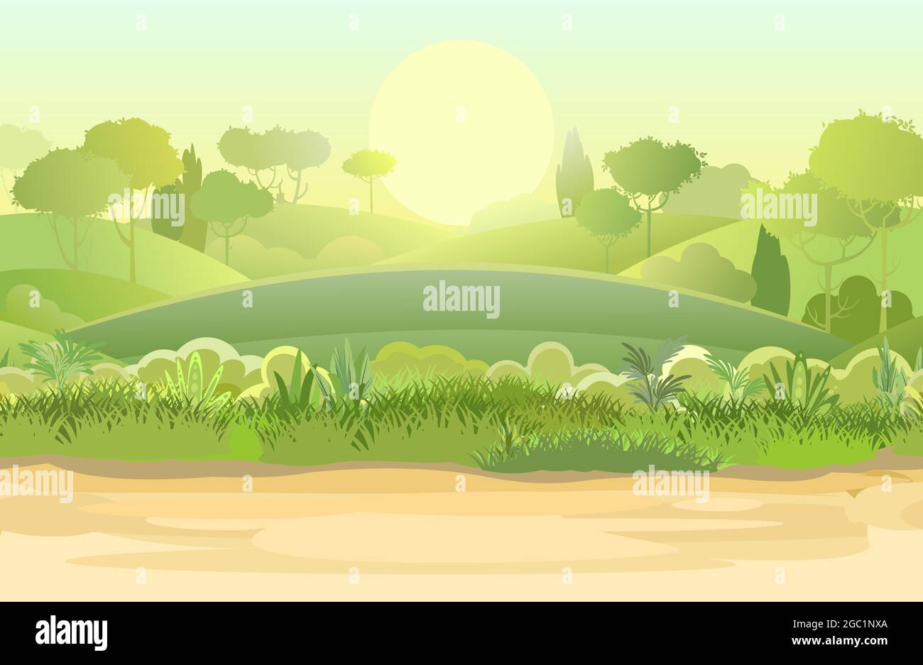 Horizontally Road. Amusing beautiful forest landscape. Cartoon style ...