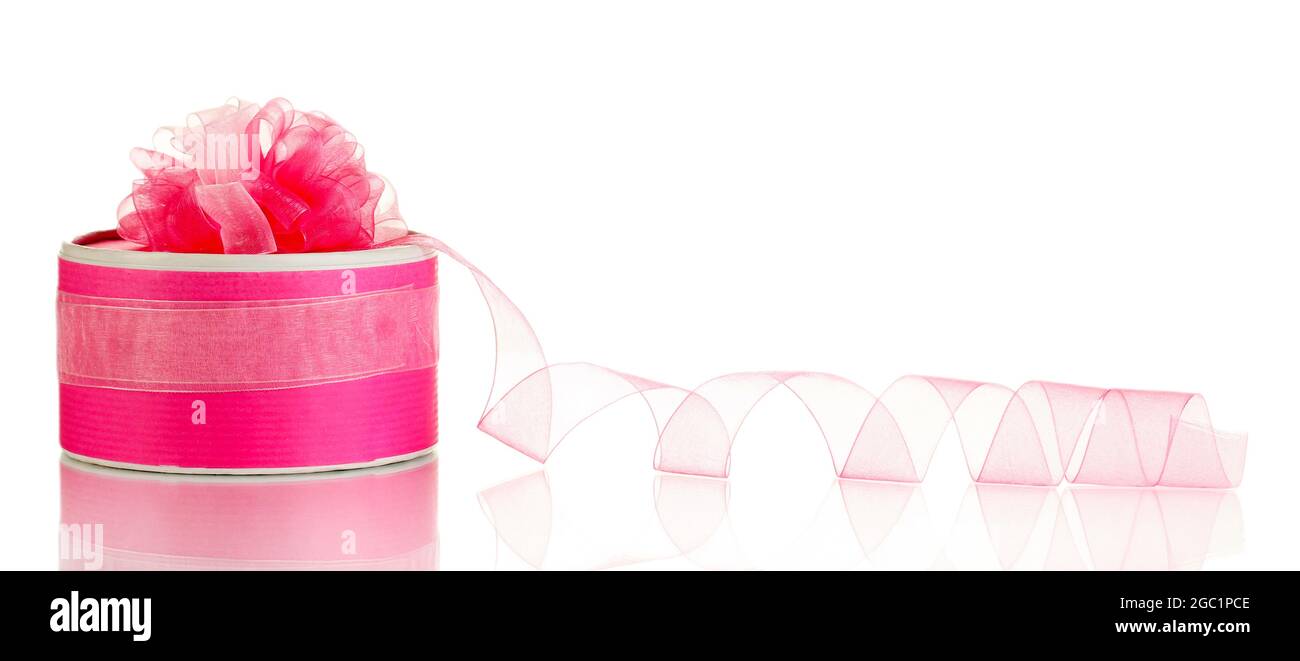 Present box with pink ribbon curl isolated on white Stock Photo - Alamy