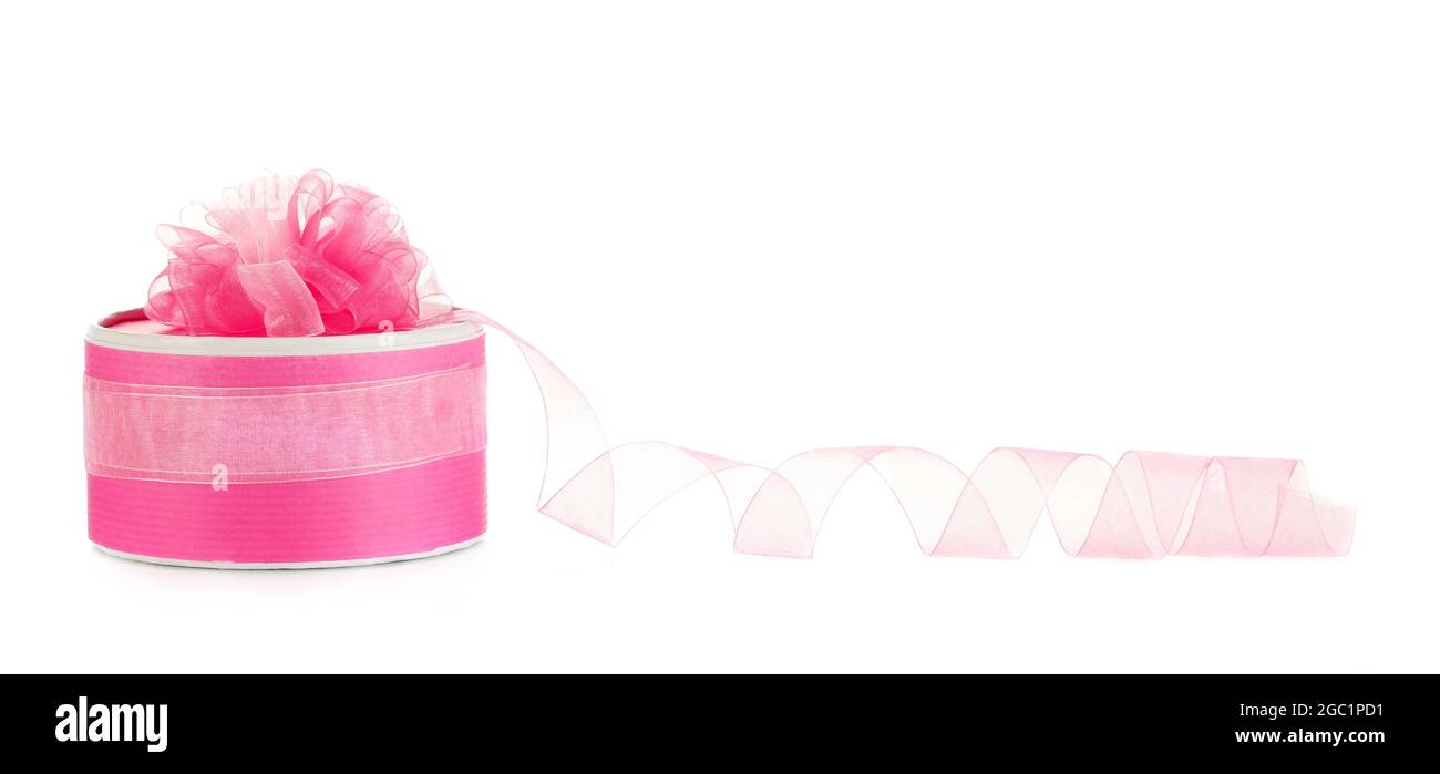 Present box with pink ribbon curl isolated on white Stock Photo - Alamy