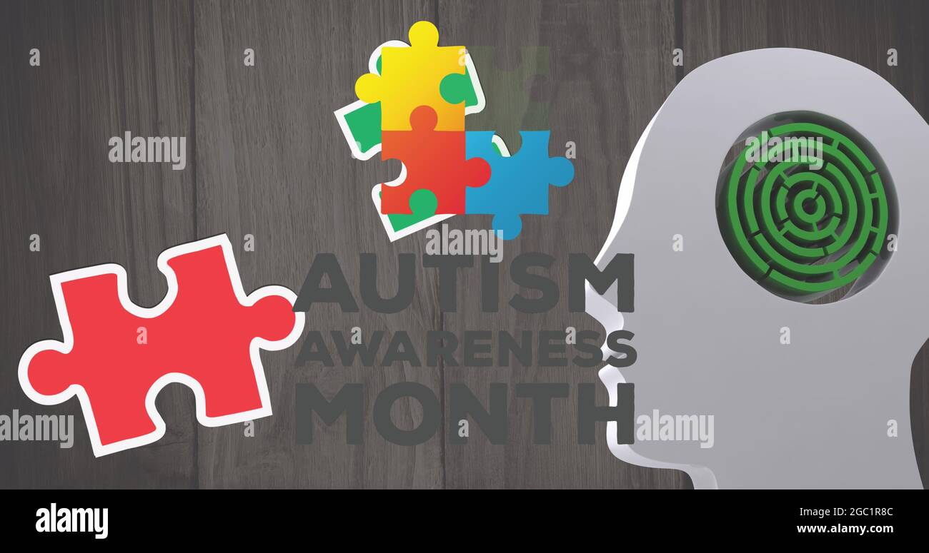 Image of puzzles falling over autism awareness month text and human ...
