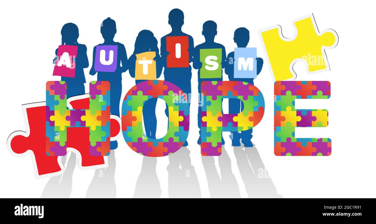 Image of children holding autism letters over hope text formed with ...
