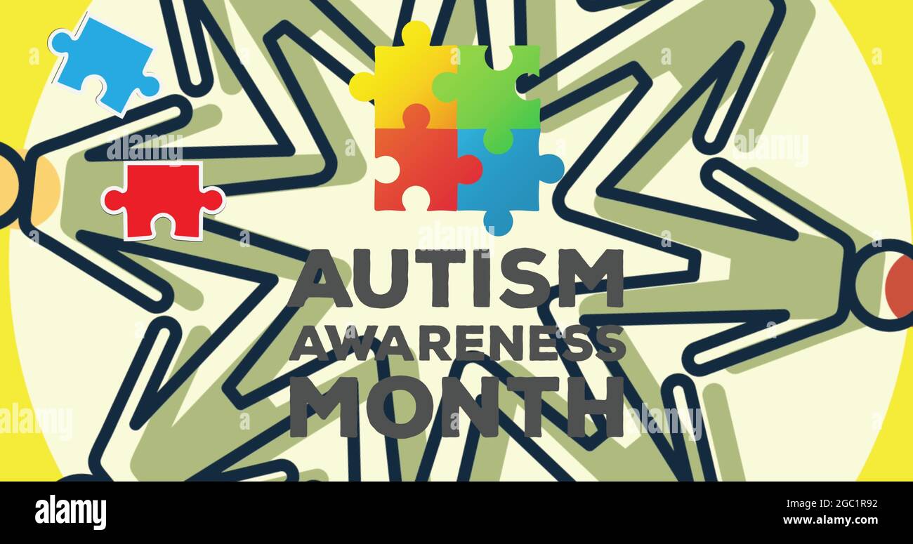 Image of puzzles falling over autism awareness month text and spinning ...