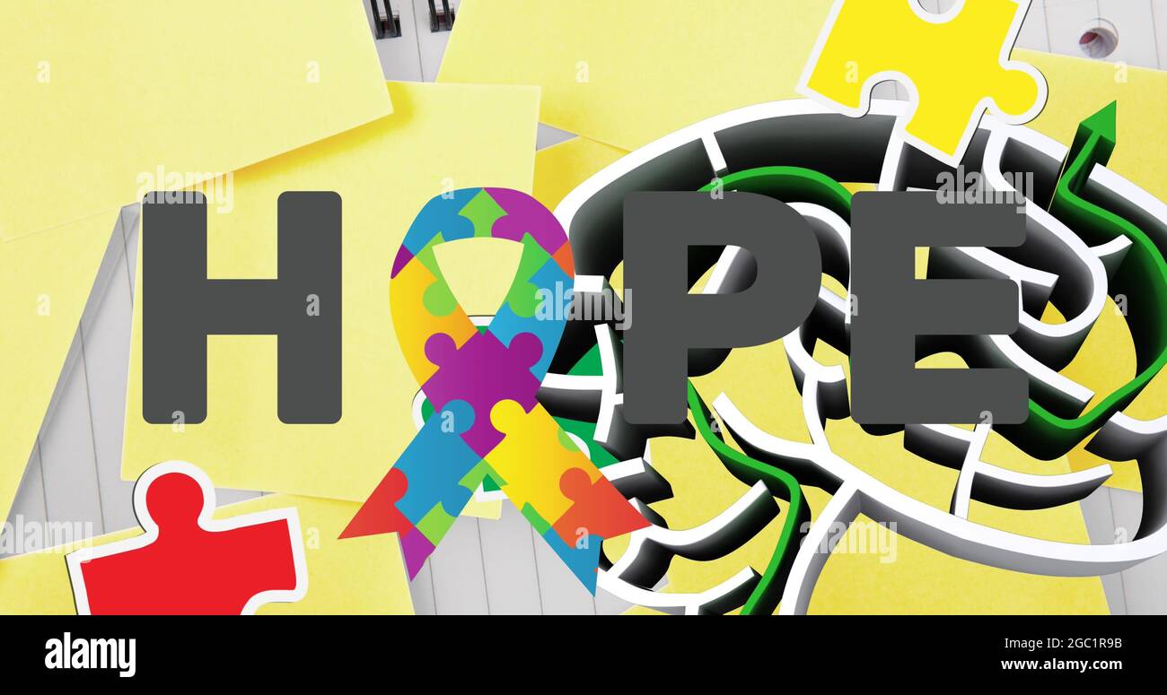 Image of puzzles falling over human brain with maze, hope text and ...