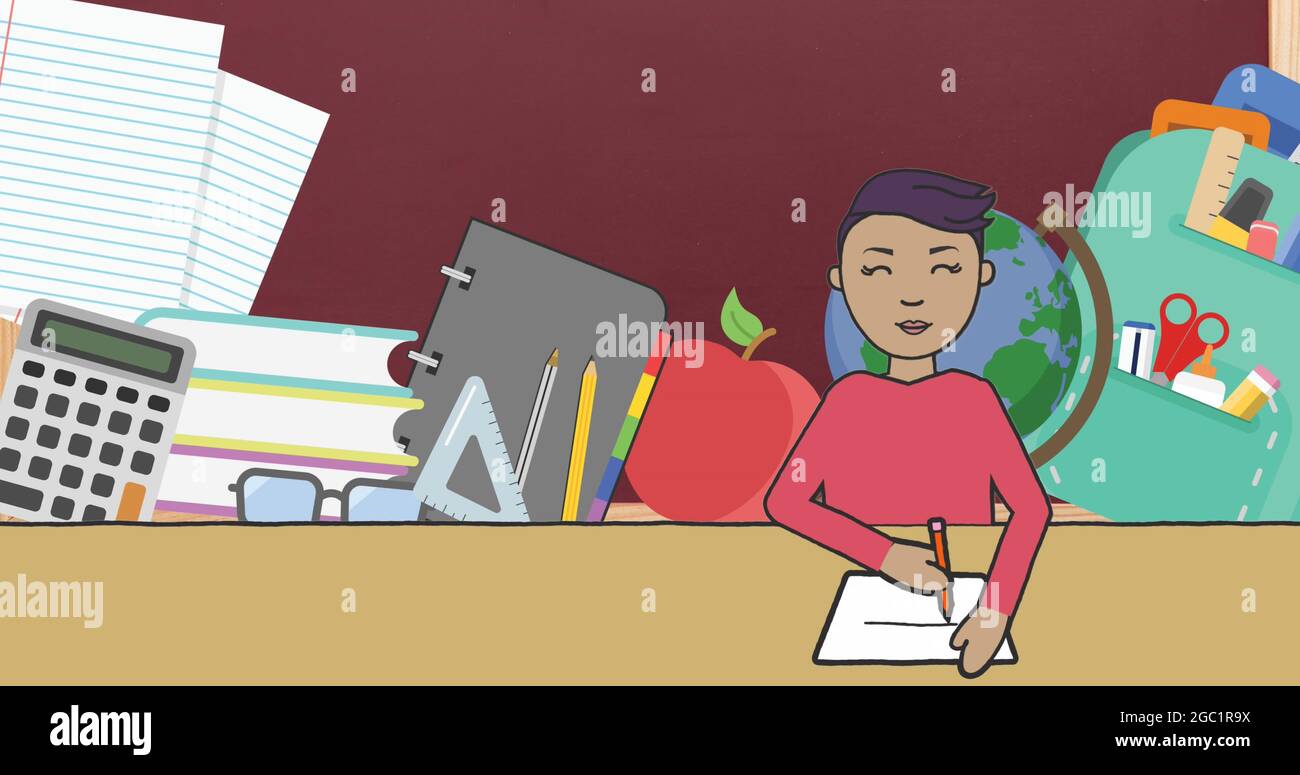 Digital image of school girl studying and multiple school concept icons against red background ...