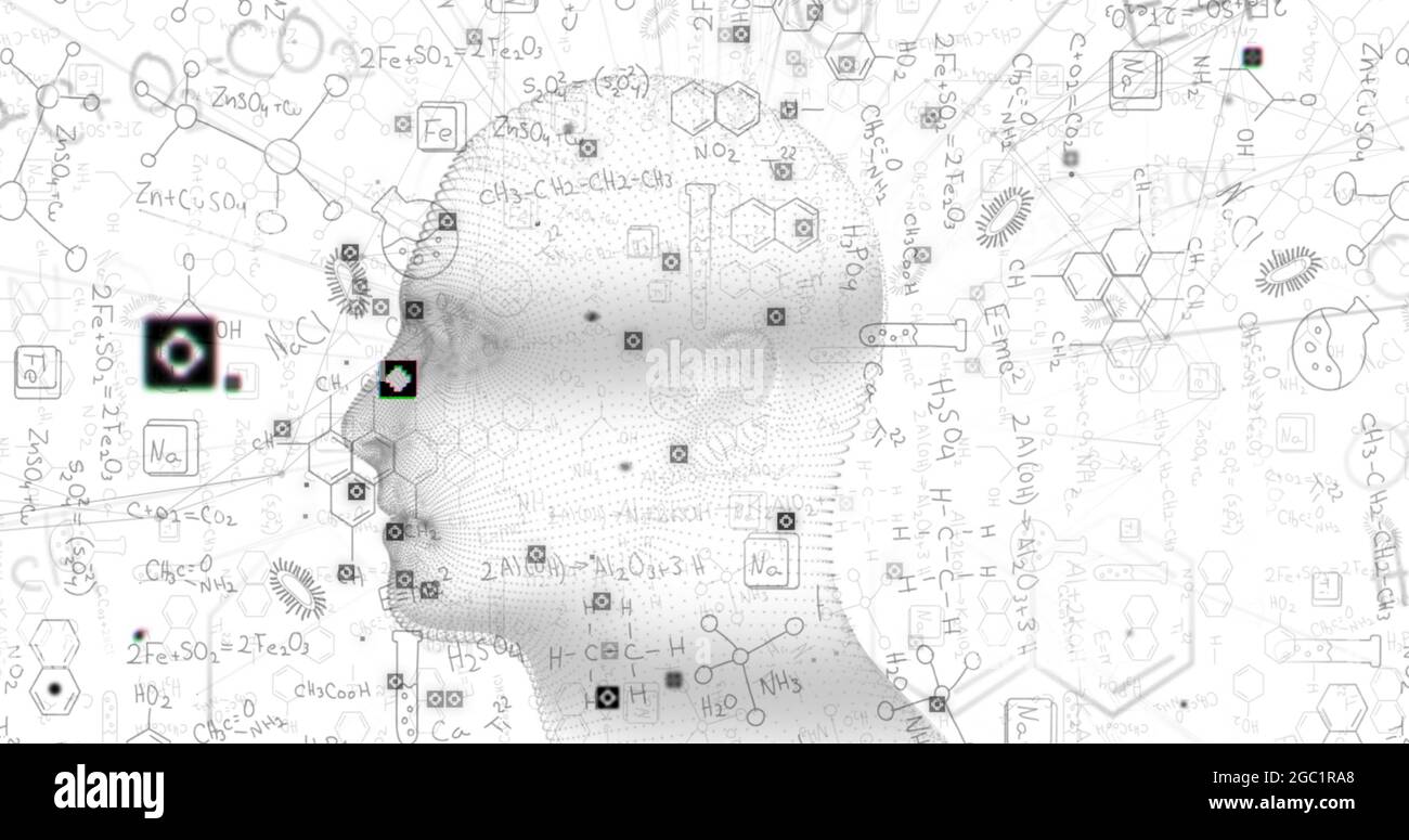 Human head spinning against chemical structures and formulas on white ...