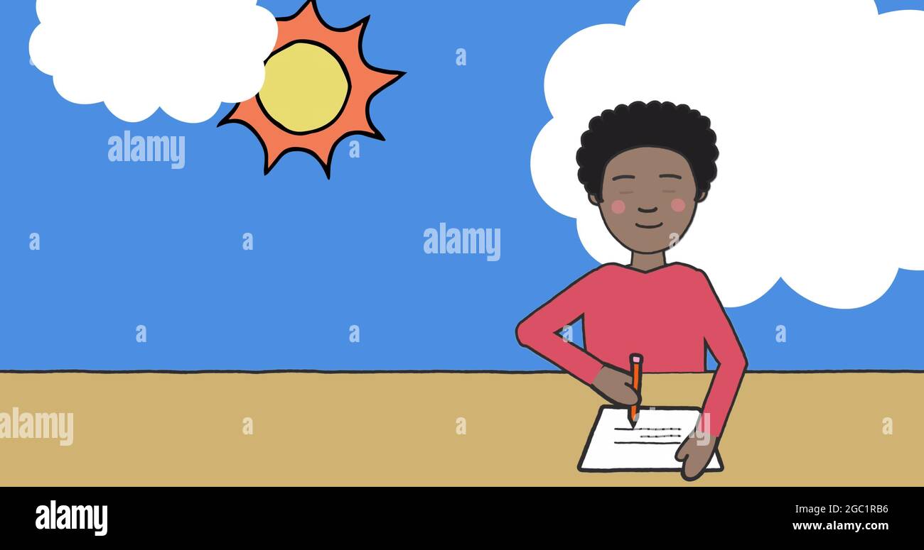 Digital image of school girl studying and multiple graduation hats ...