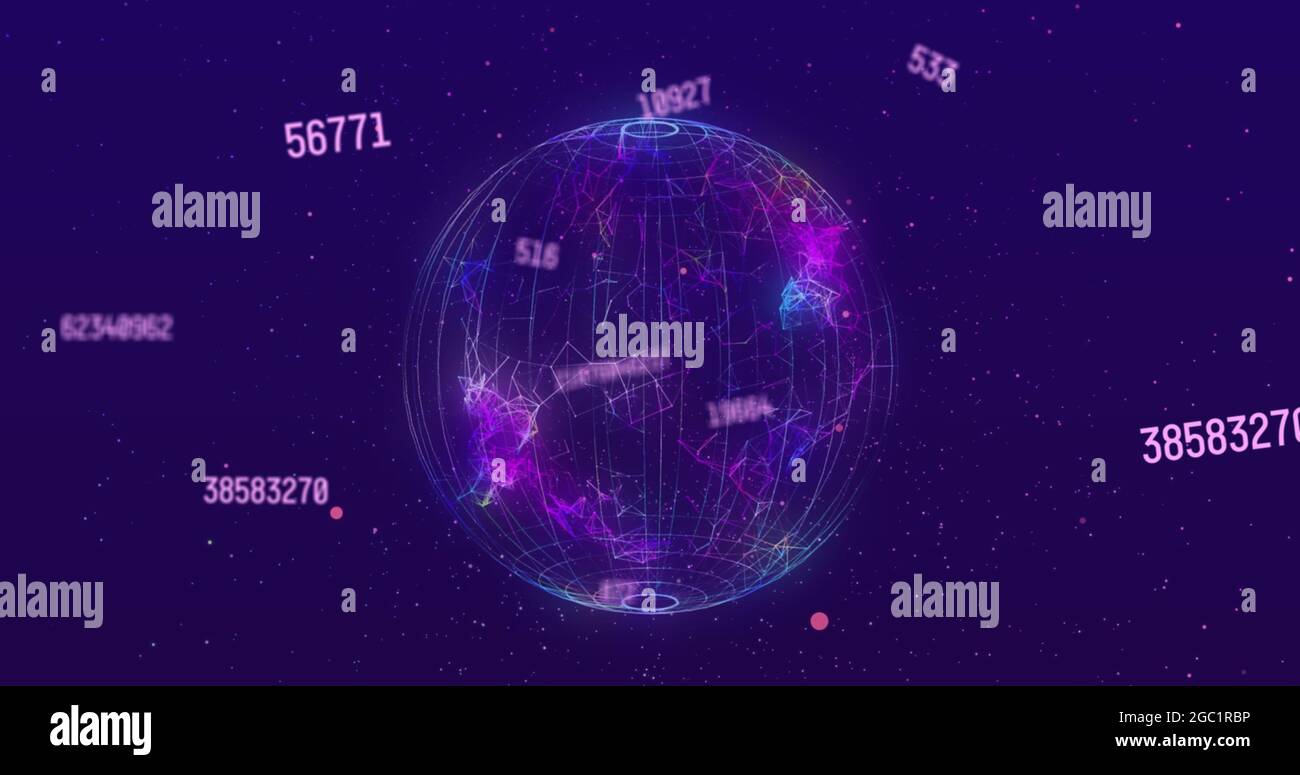 Image of numbers changing over purple globe spinning Stock Photo - Alamy
