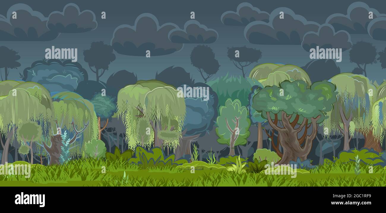 Forest night meadow. Dark trees. Edge with grass and hills. Glade and ...