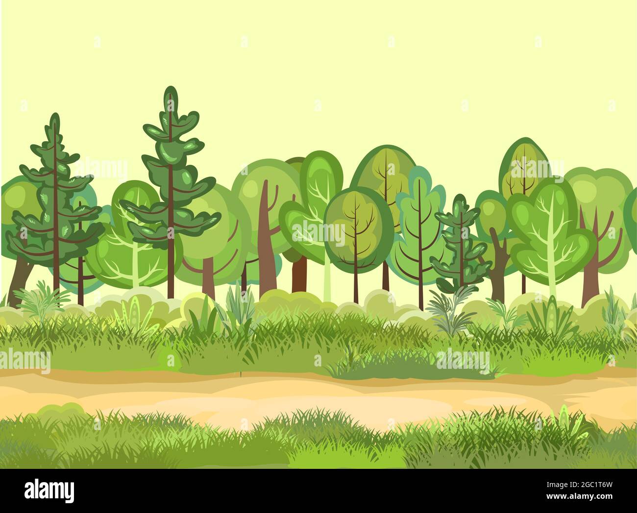 Flat forest. Horizontal seamless composition. Cartoon style. Road ...