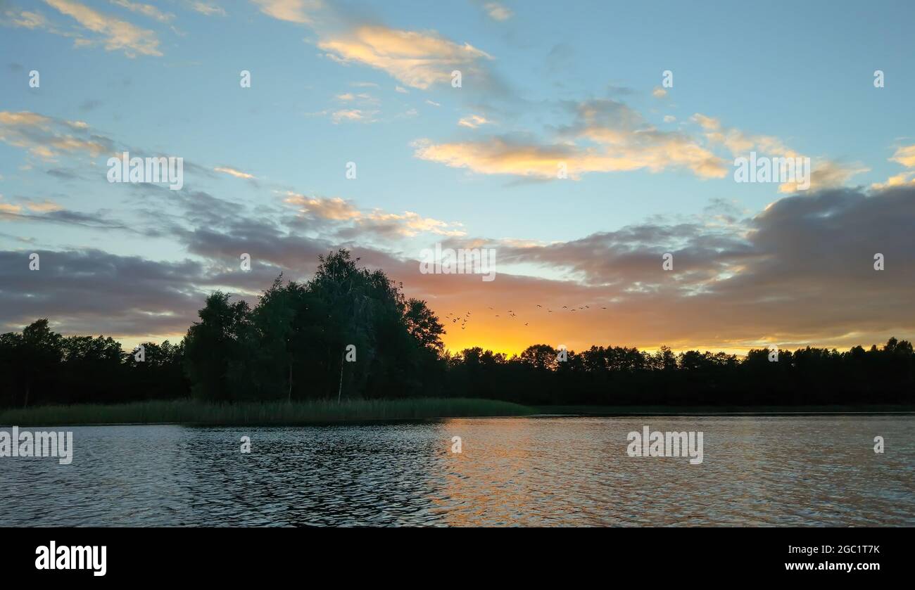 Lake in Latvia with small island. Summer landscape with calm water ...