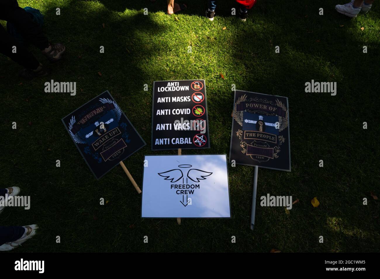 Demonstrator signs are seen on the ground during the Melbourne World ...