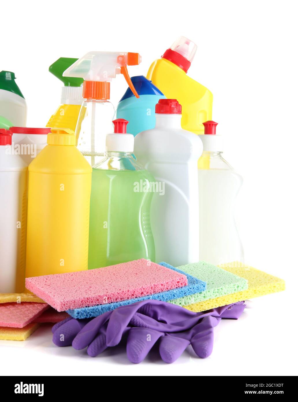 Different kinds of house cleaners and colorful sponges, gloves isolated ...