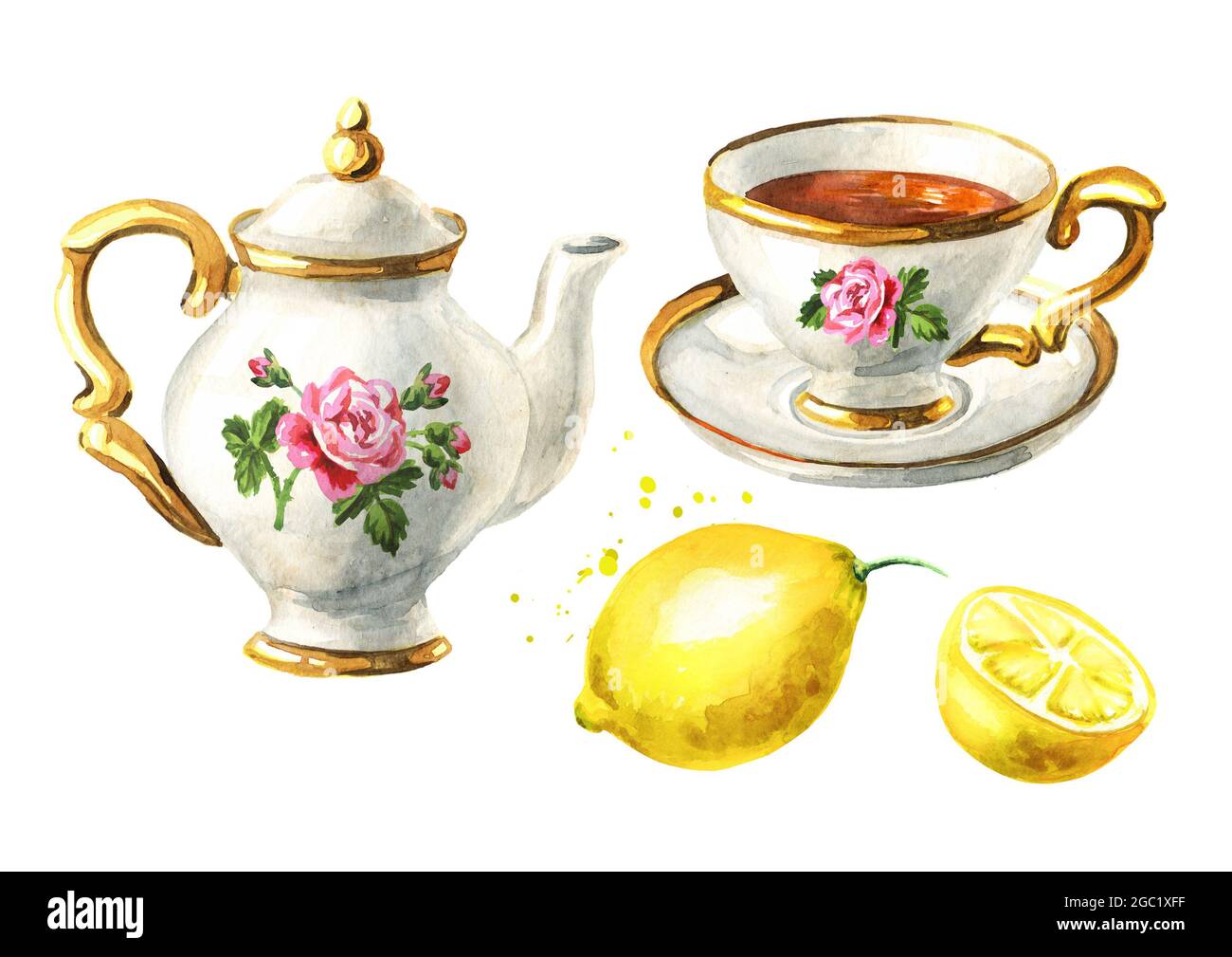 Teapot, cup of tea and Lemon set. Hand drawn watercolor illustration ...