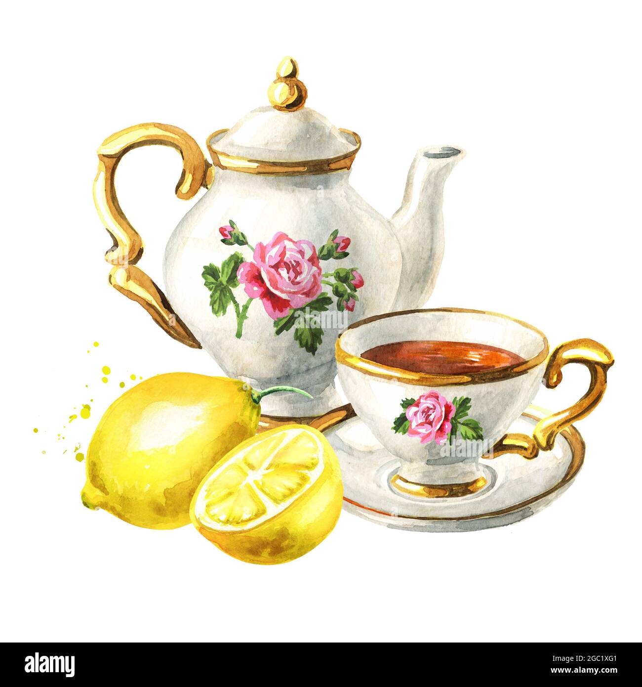 Teapot, cup of tea and Lemon. Hand drawn watercolor illustration ...