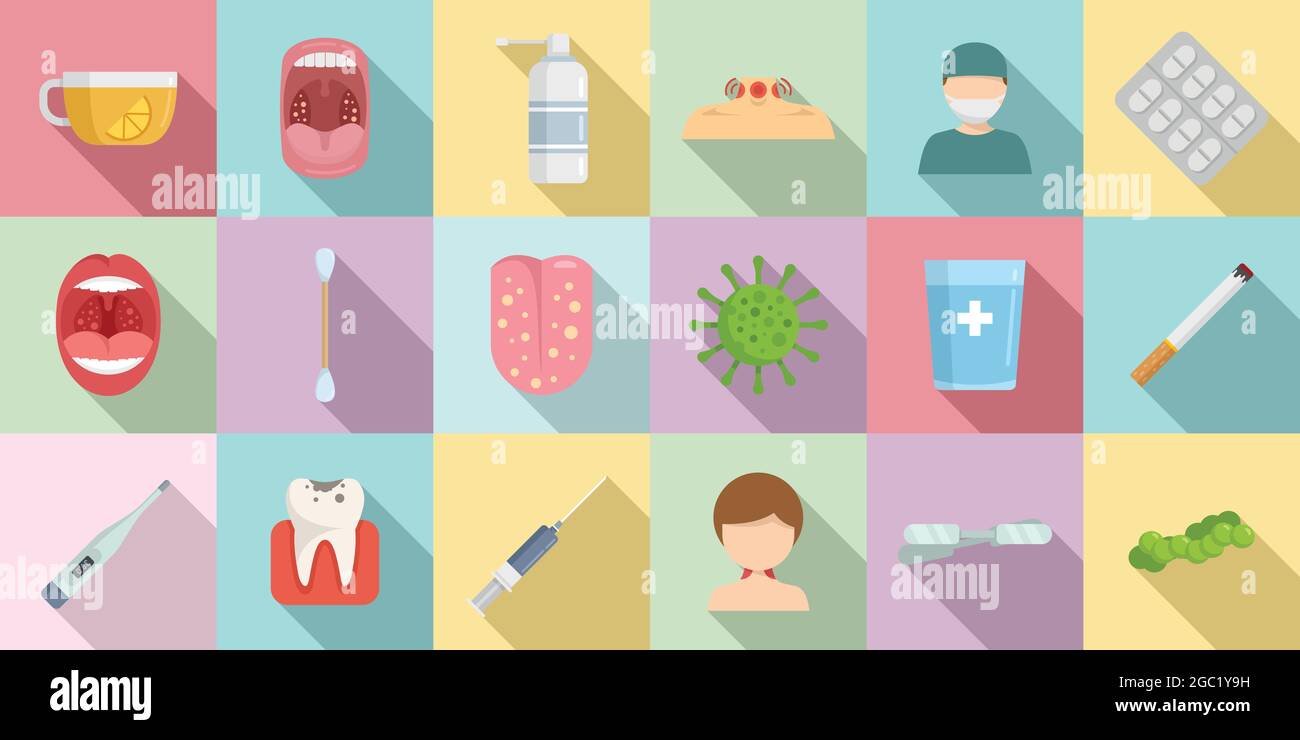 Tonsillitis icons set flat vector. Tonsil anatomy. Mouth throat Stock ...