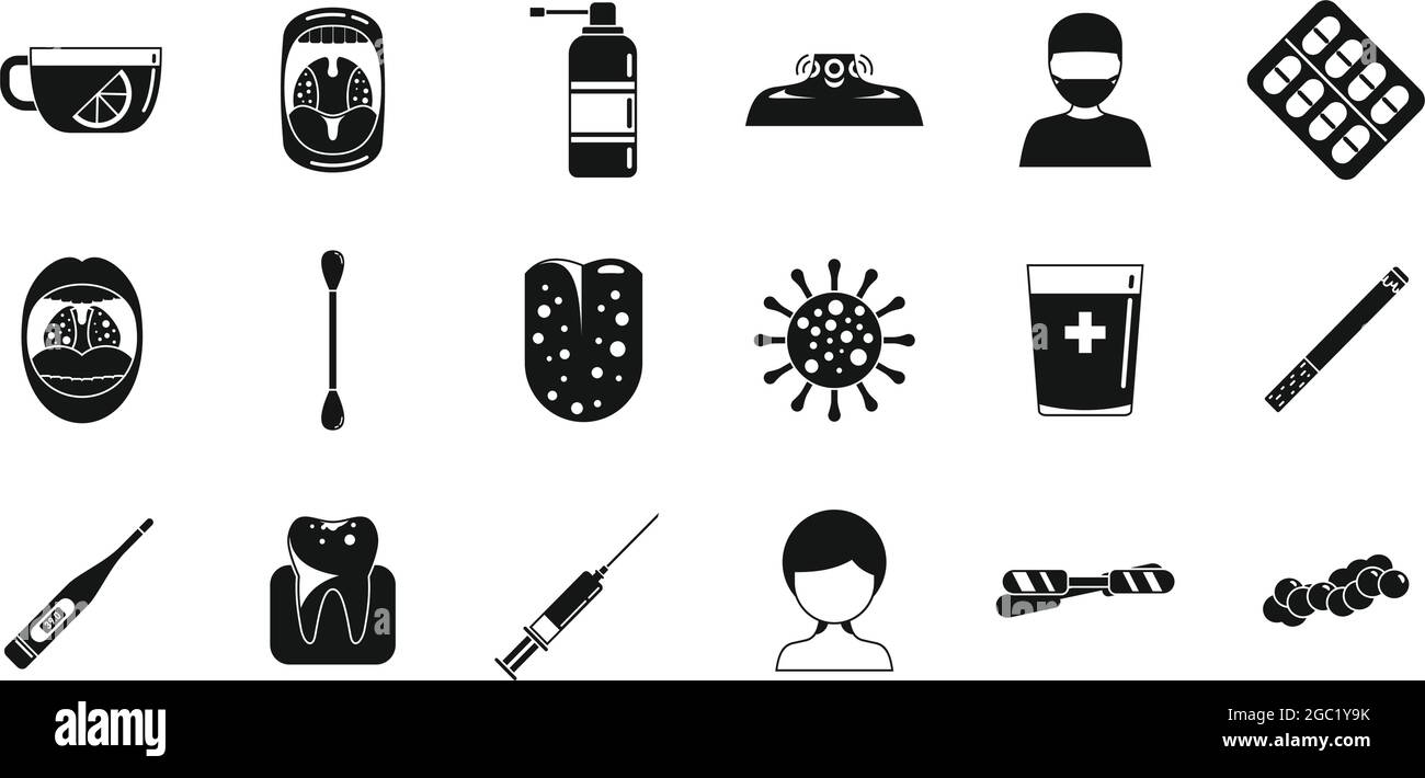 Tonsillitis icons set simple vector. Tonsil anatomy. Mouth throat Stock ...