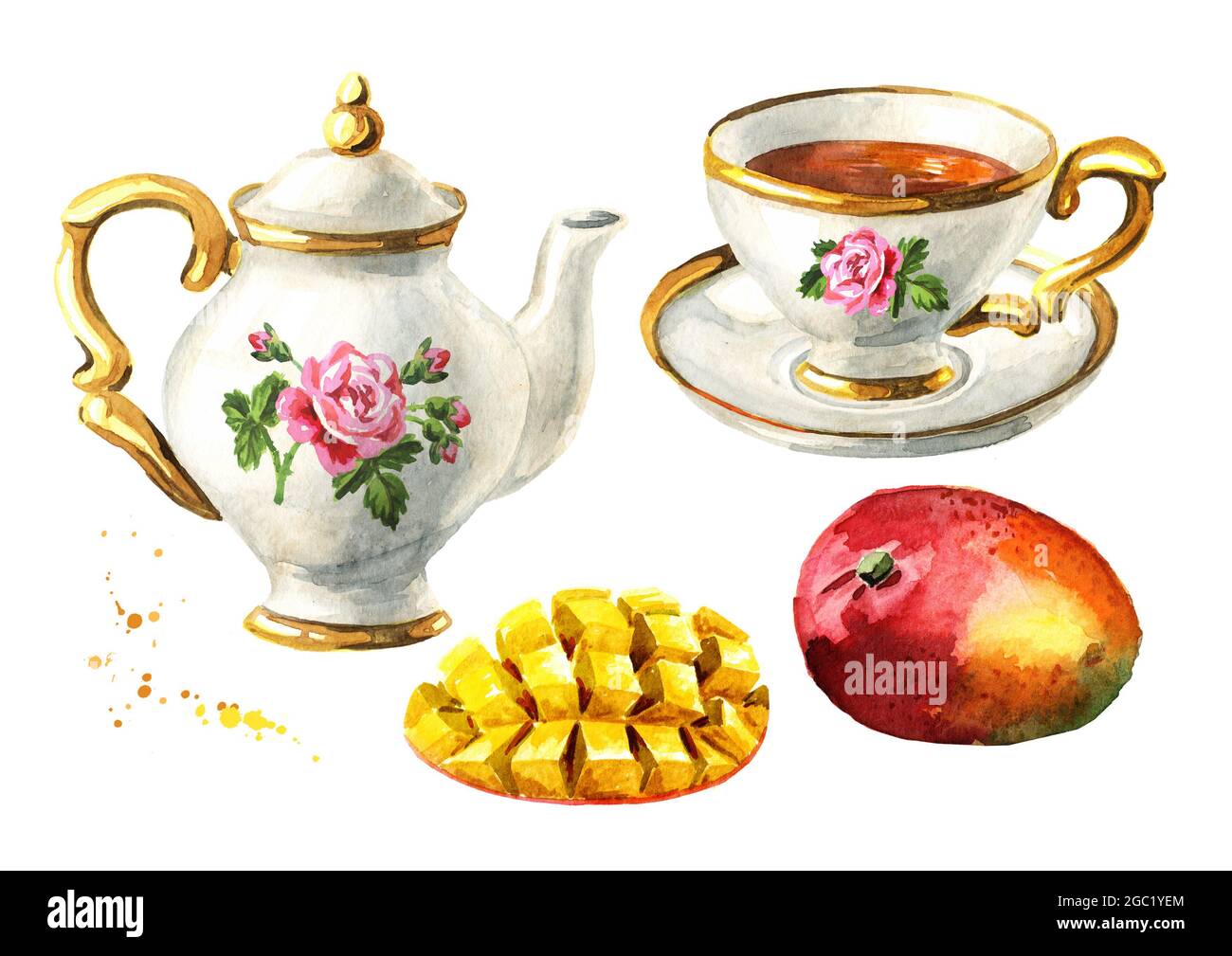 Teapot, cup of tea and mango fruit set. Hand drawn watercolor ...