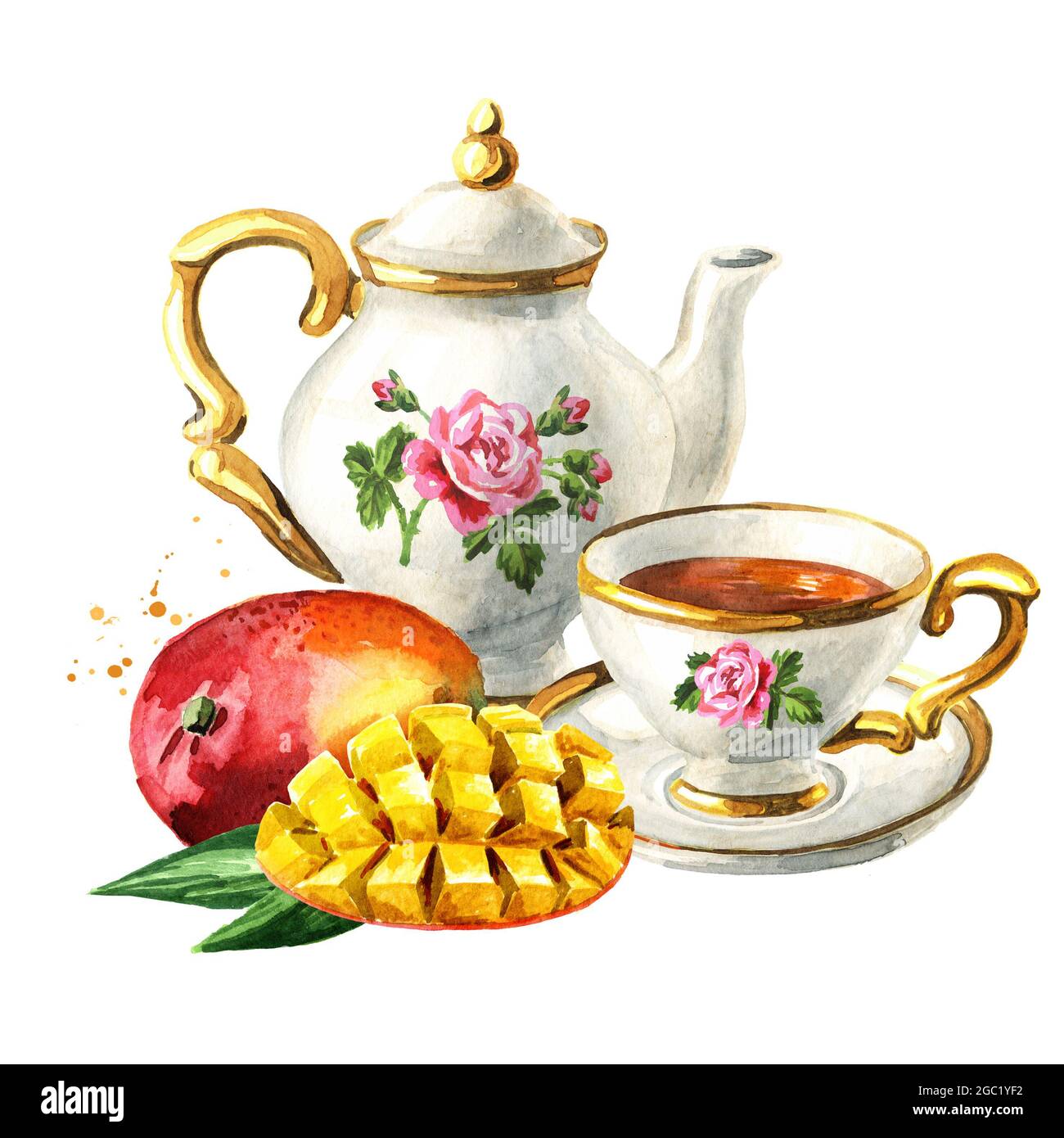Teapot, cup of tea and mango fruit. Hand drawn watercolor illustration ...