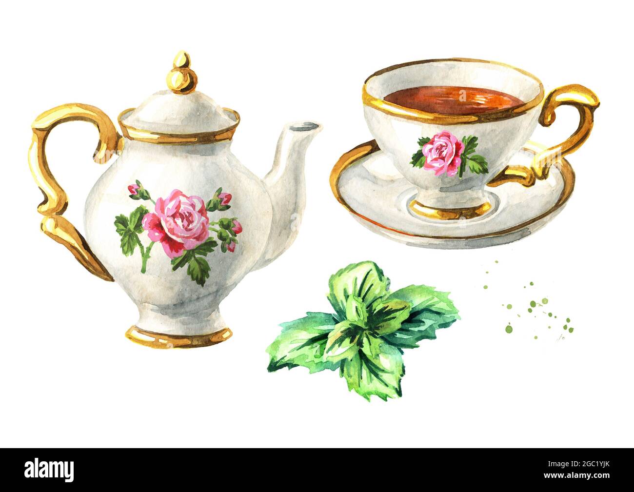 Teapot, cup of tea and mint set. Hand drawn watercolor illustration ...