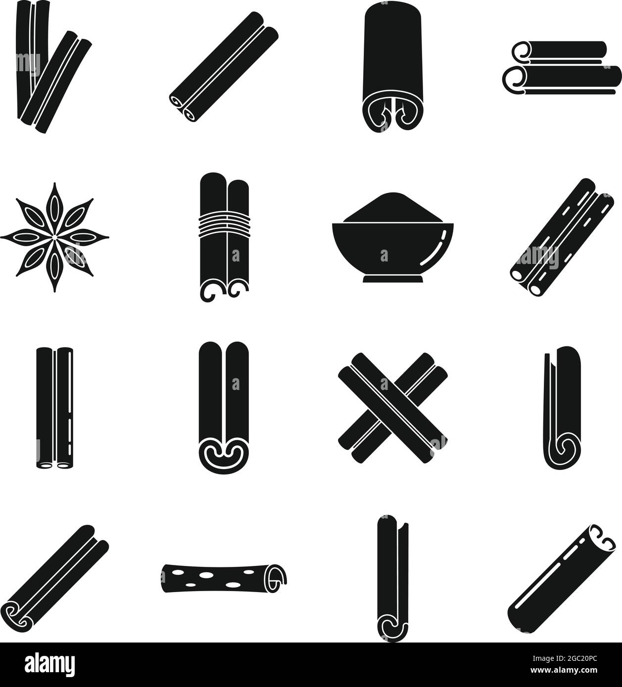 Cinnamon icons set simple vector. Christmas aroma. Flavor dessert ...